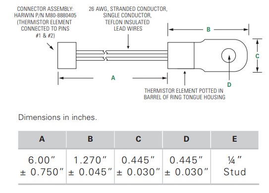 1/4" Ring Lug NTC Thermal Resistor Harwin Connector Assembly Sensing Probe