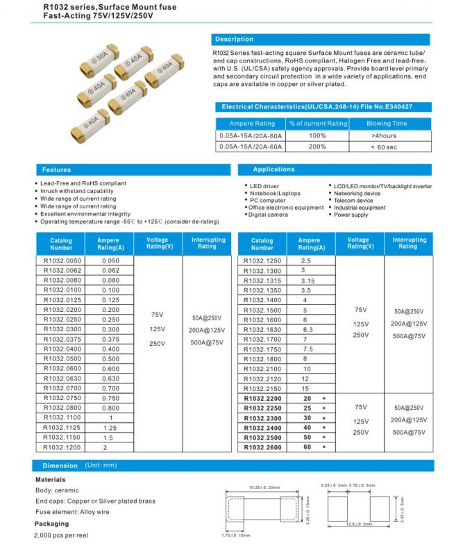 75V 125V 250V 60A Miniature Surface Mount Ceramic Fuse