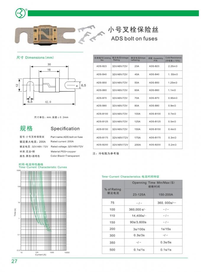 200A Rated PES Copper Material ADS Bolt On Fuses