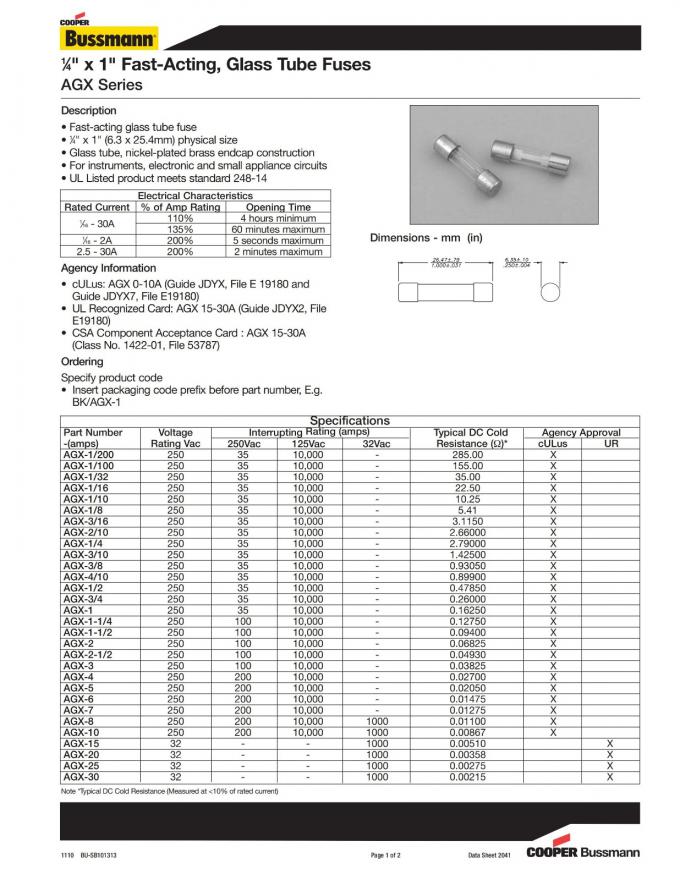 UL CSA Glass Tube Fast Fuse 6.3x25.4mm For Electronic Circuit Board