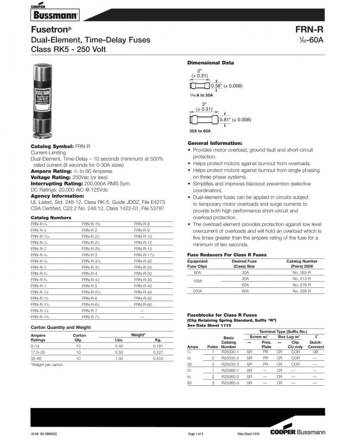 Industrial & Electrical FRN R Fuses 250V 0.1-60A Dual Elemtent Time Delay