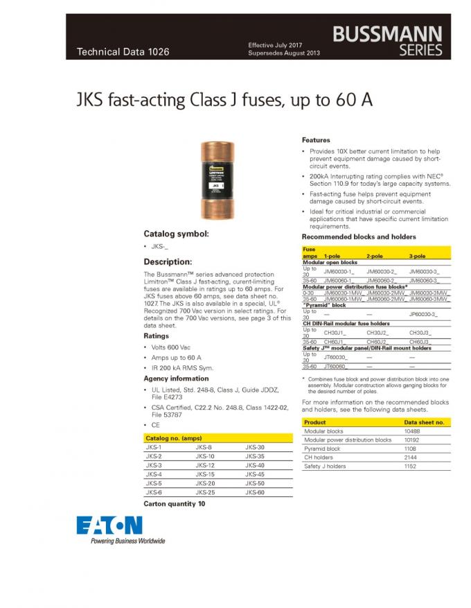 JKS Fast Acting Fuses Current Limiting UL Accepted For CSA Component