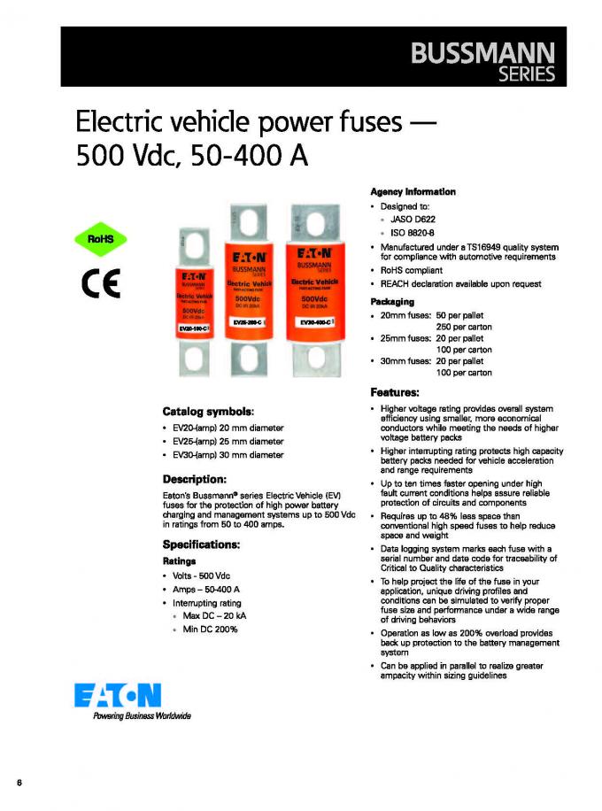 EATON Original EV Electric Vehicle Fuse 500VDC New Energy High Voltage Box