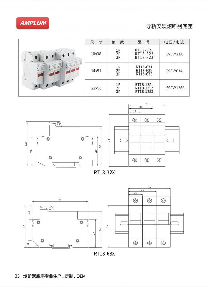 Fractant RT18 Series Low Voltage Fuse Holder 690VAC 32A 63A 125A