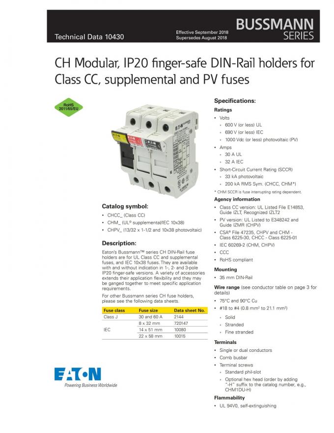 CHM1DIU Modular Din Rail Holder IP20 Finger Safe For PV Fuses
