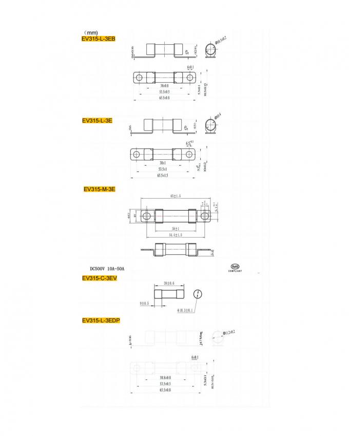 EVS Road Vehicle Round Tube Electric Vehicle Fuse EV315-H-3EB 10A 15A 20A 30A 40A 50A 500VDC