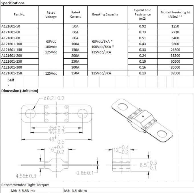 350A 125VDC Electric Vehicle Fuse With Breaking Equipment Power Tools Fire Protect