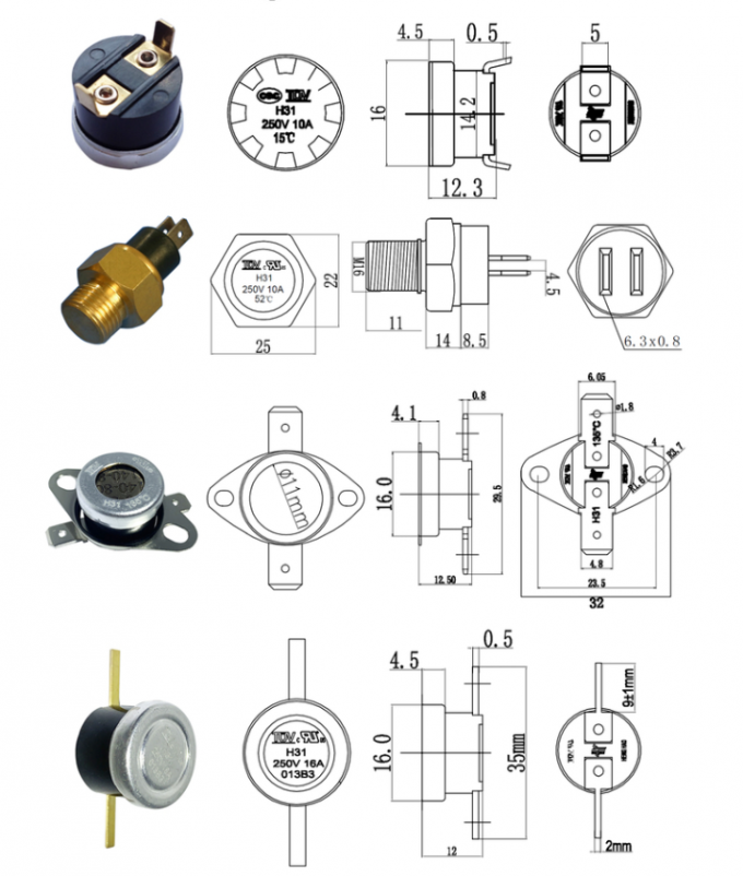 Disc Type KSD301 Bimetal Thermostat Plastic / Ceramic Body Optional